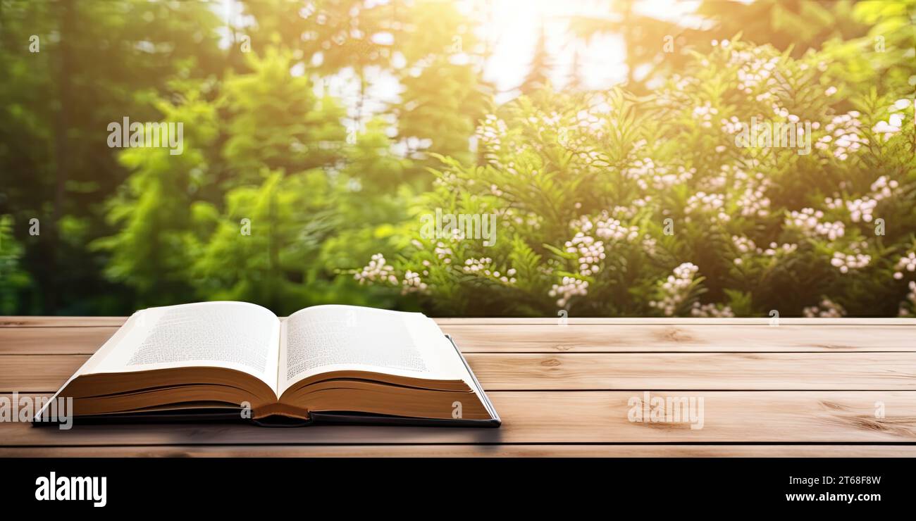 A wooden table displays an open book, with a bush in the background ...