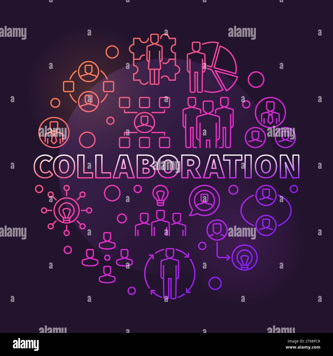 Collaboration vector concept round colorful illustration in outline ...