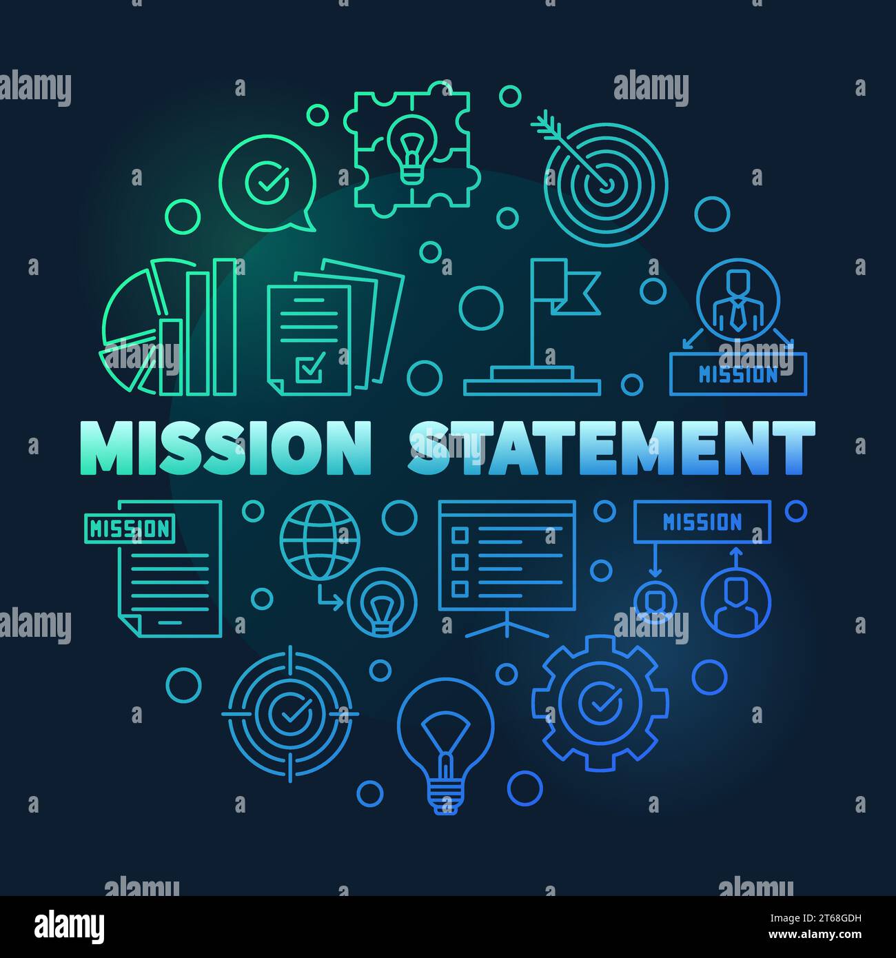 Vector Mission Statement round blue outline illustration on dark ...