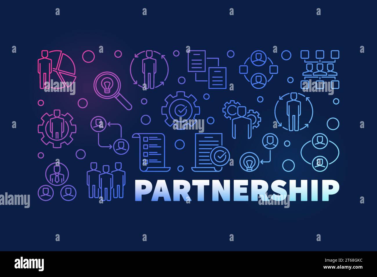 Partnership vector colored outline illustration or banner on dark ...