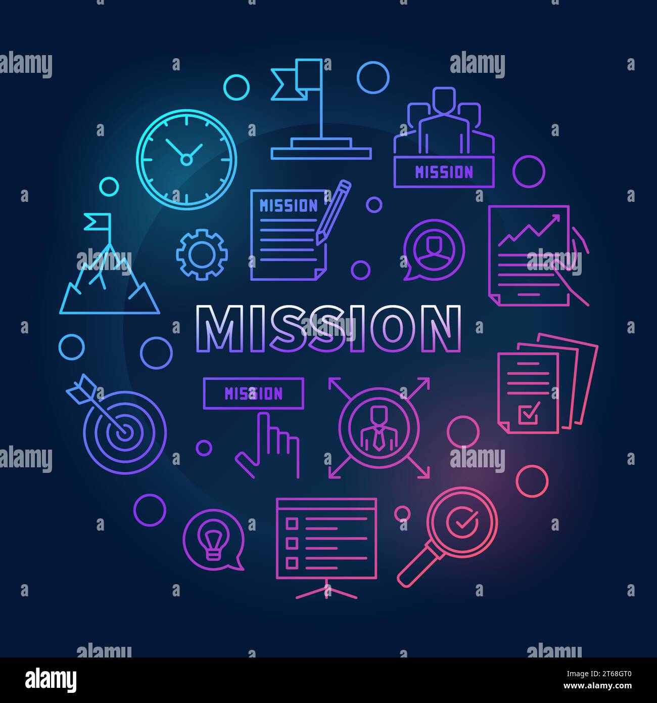 Mission vector circular outline colored illustration on dark background ...