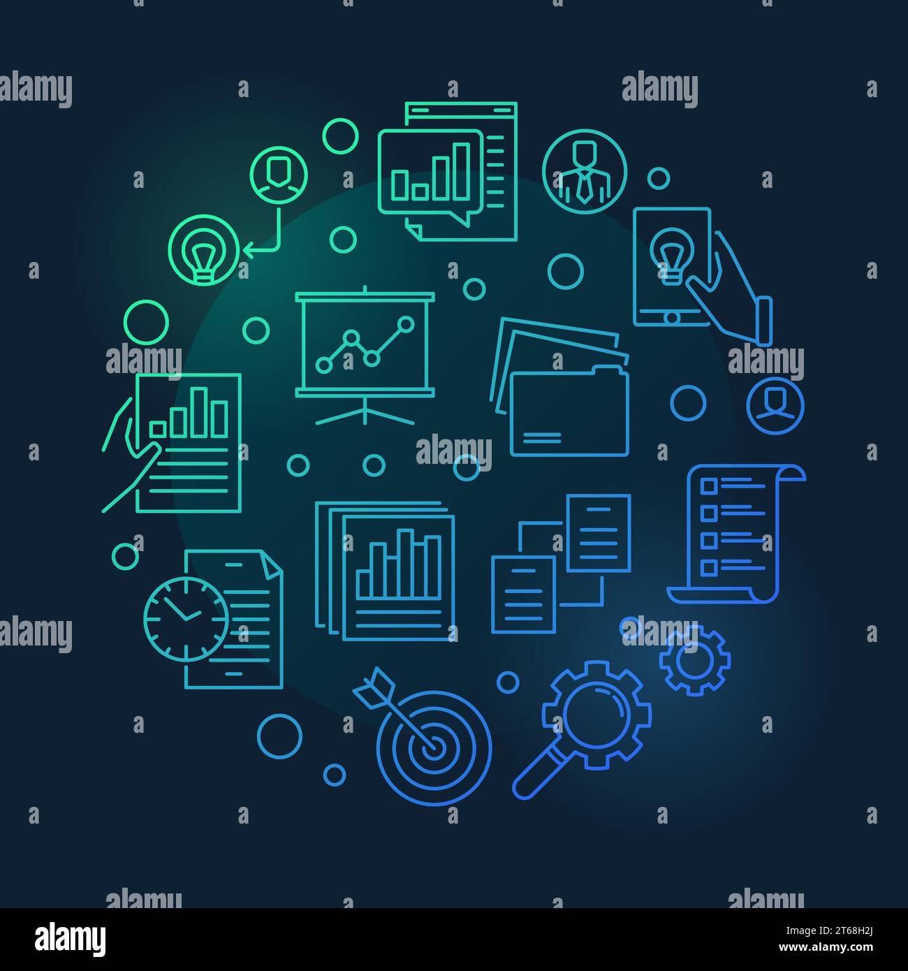 Project planning vector round outline colored illustration on dark ...