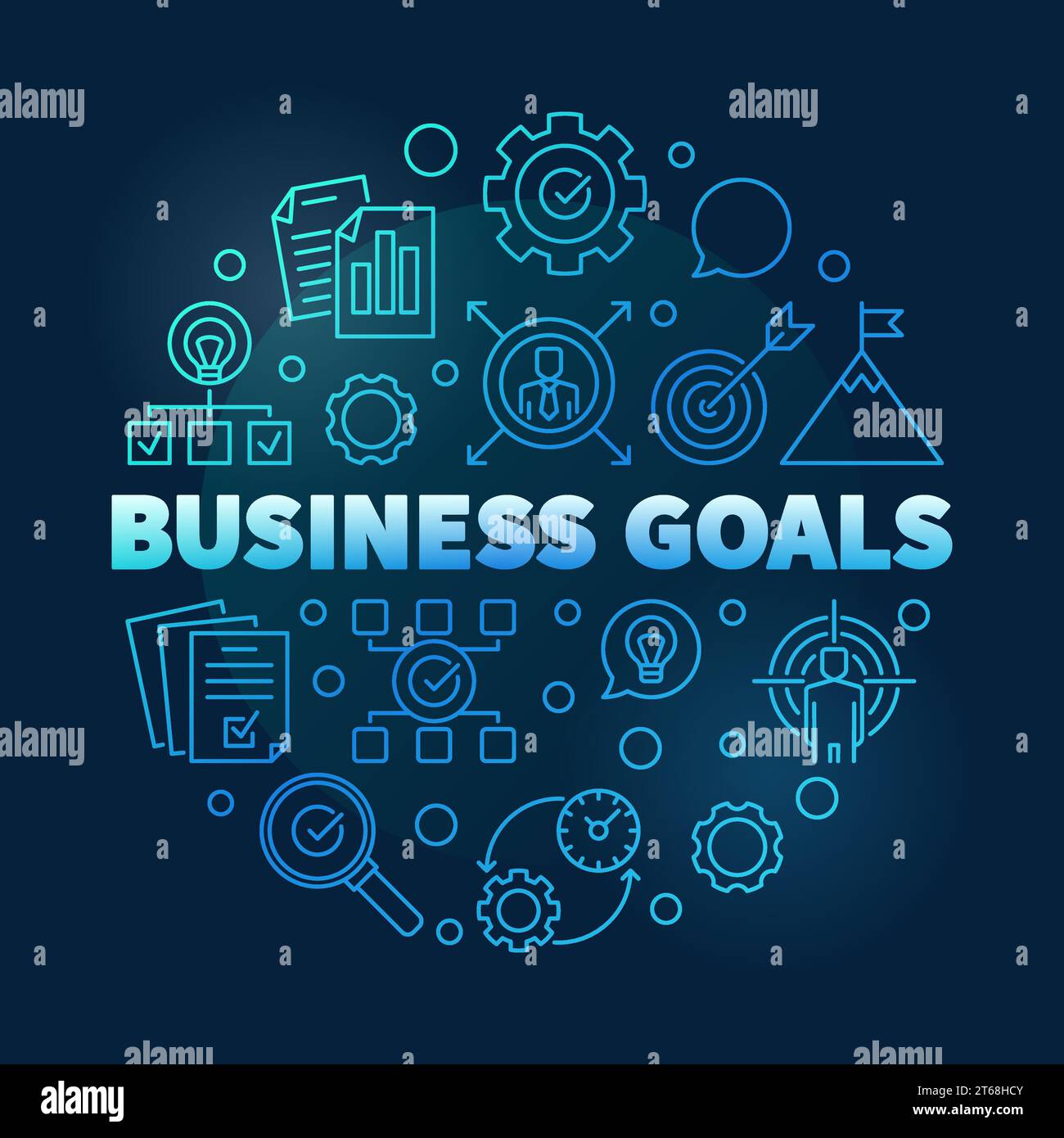 Vector Business goals round blue outline illustration on dark ...