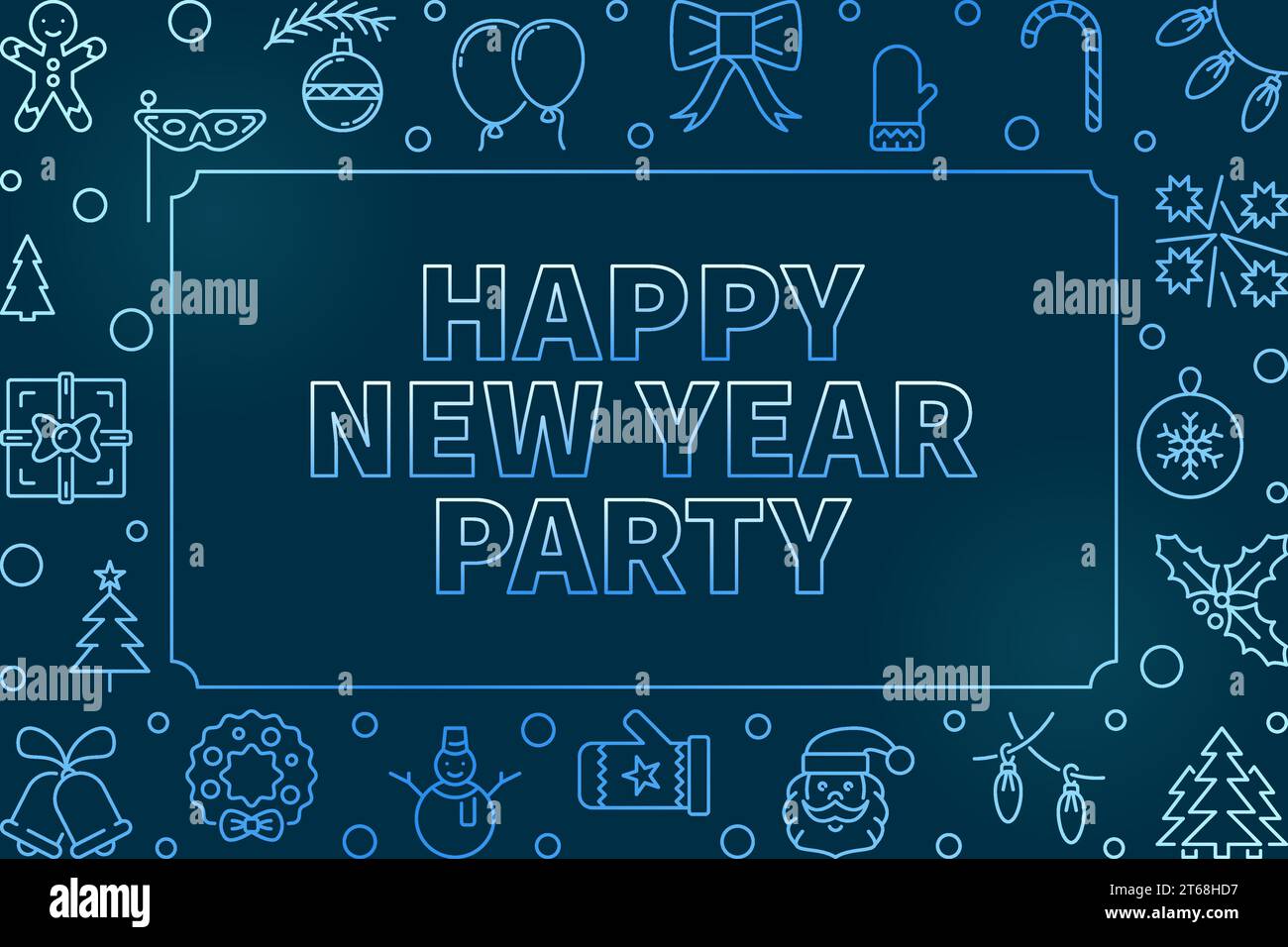 Happy New Year Party blue outline horizontal frame. Vector Christmas ...