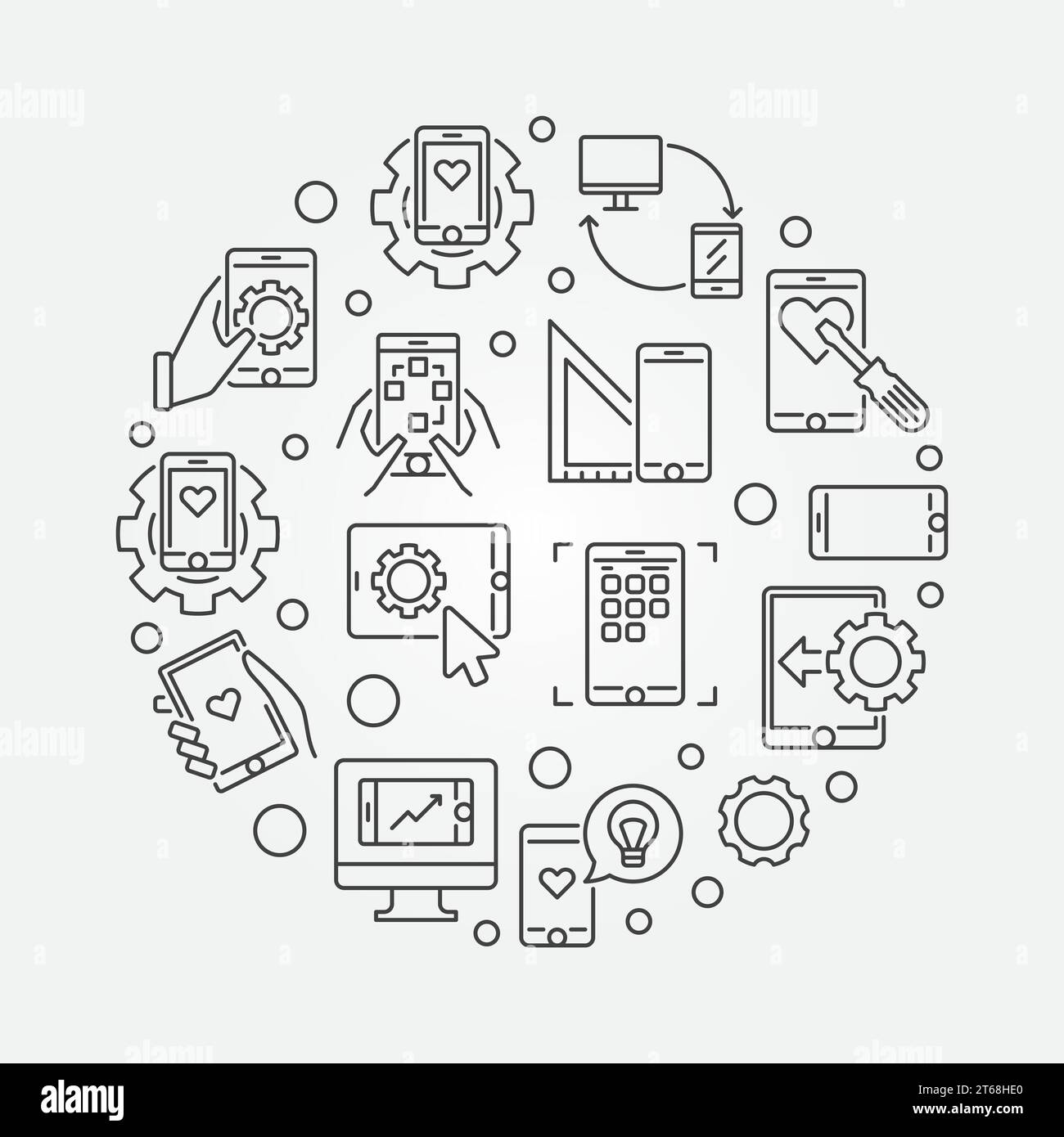 Mobile App Development vector round simple concept illustration in thin ...