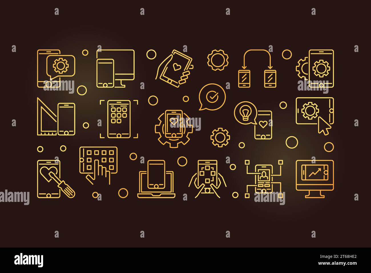 Mobile Application Development vector golden outline illustration. App Development concept ...