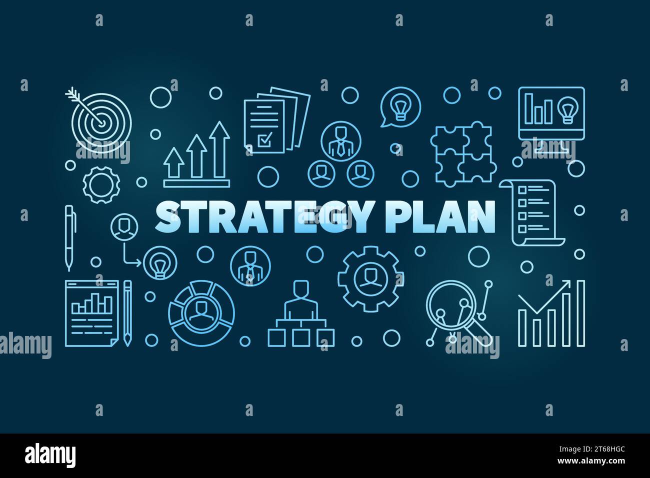 Strategy Plan blue horizontal outline banner or illustration on dark ...