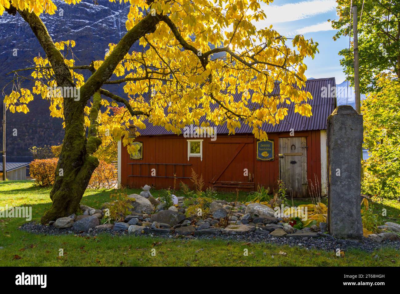 beautiful scenery with art studio and golden lit tree at Urke, Norway ...