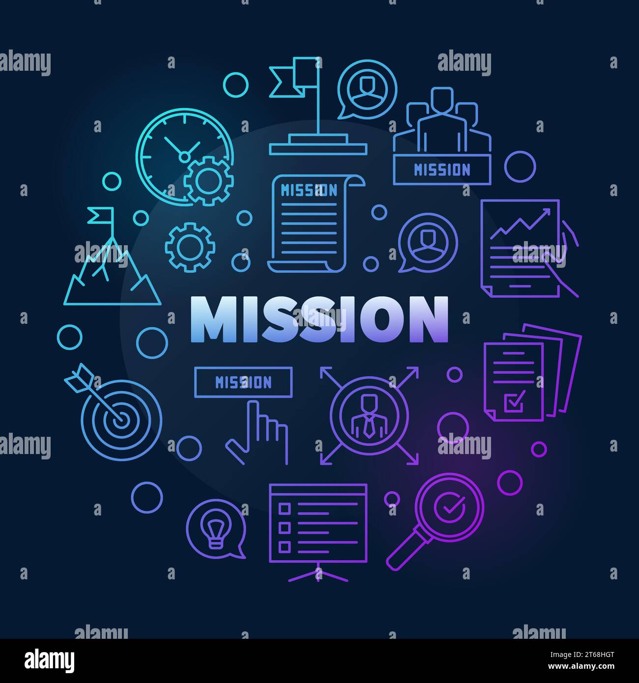 Vector Mission colored linear round modern illustration on dark ...