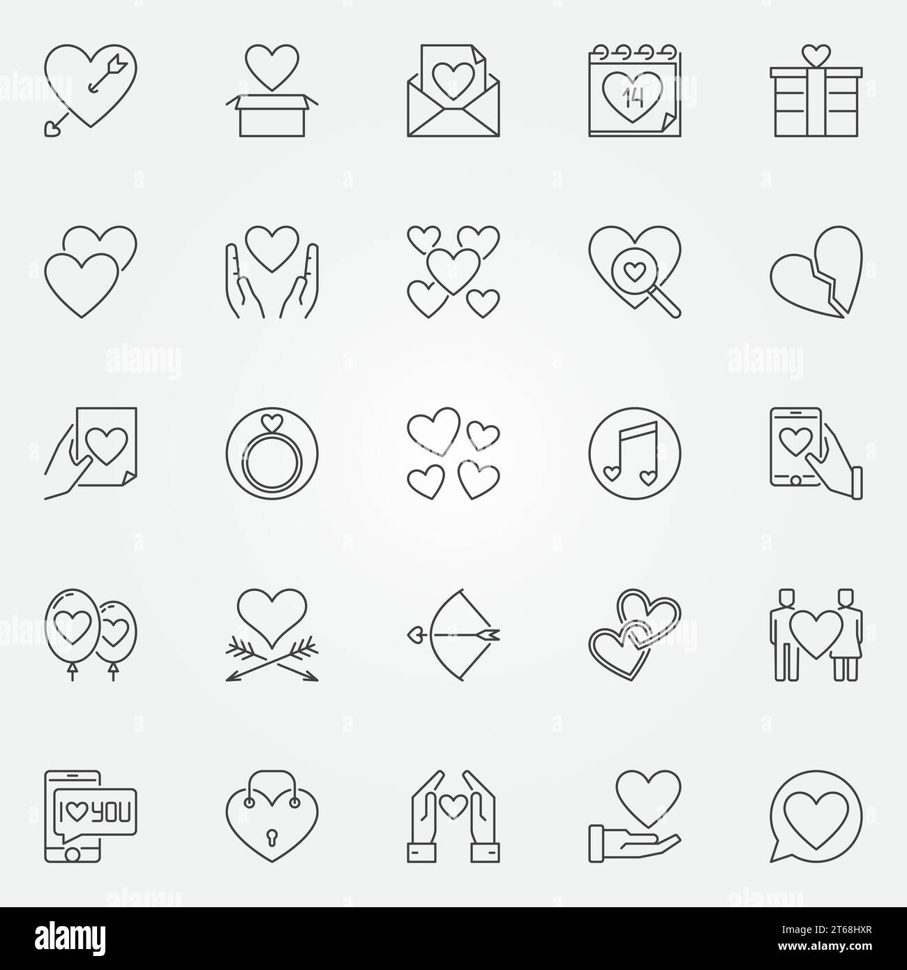 Valentines Day outline icons set. Vector Love, hearts, gift, broken ...