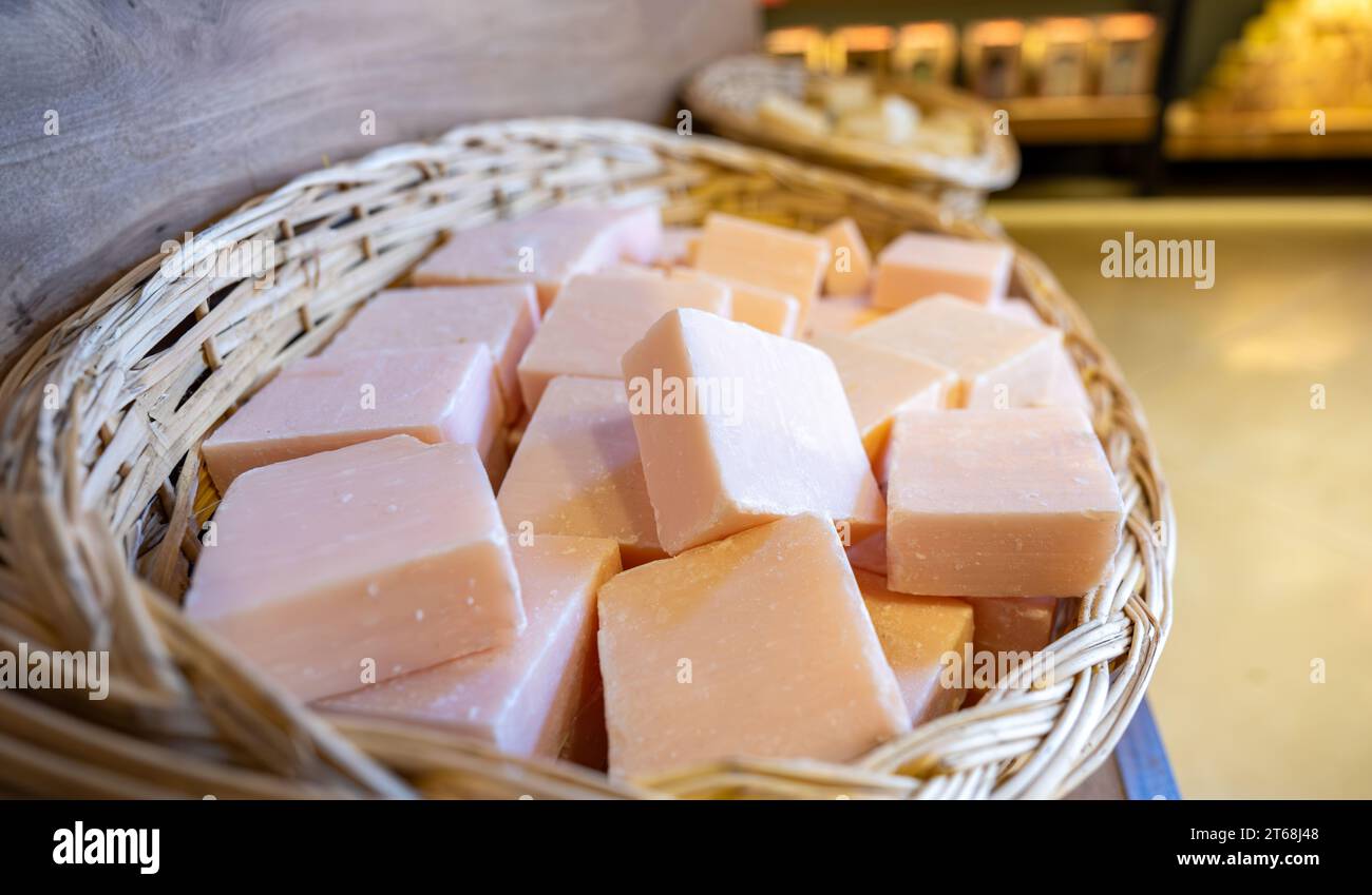handmade basket full of handmade Flower soap in a store consist of body ...