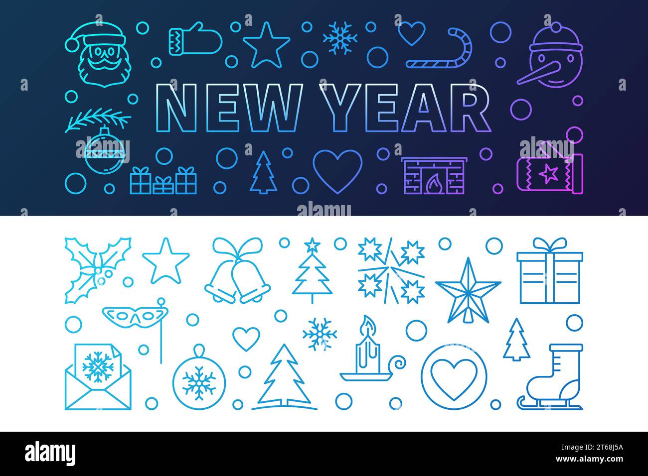Vector New Year outline colored banners. Vector bright illustration in ...