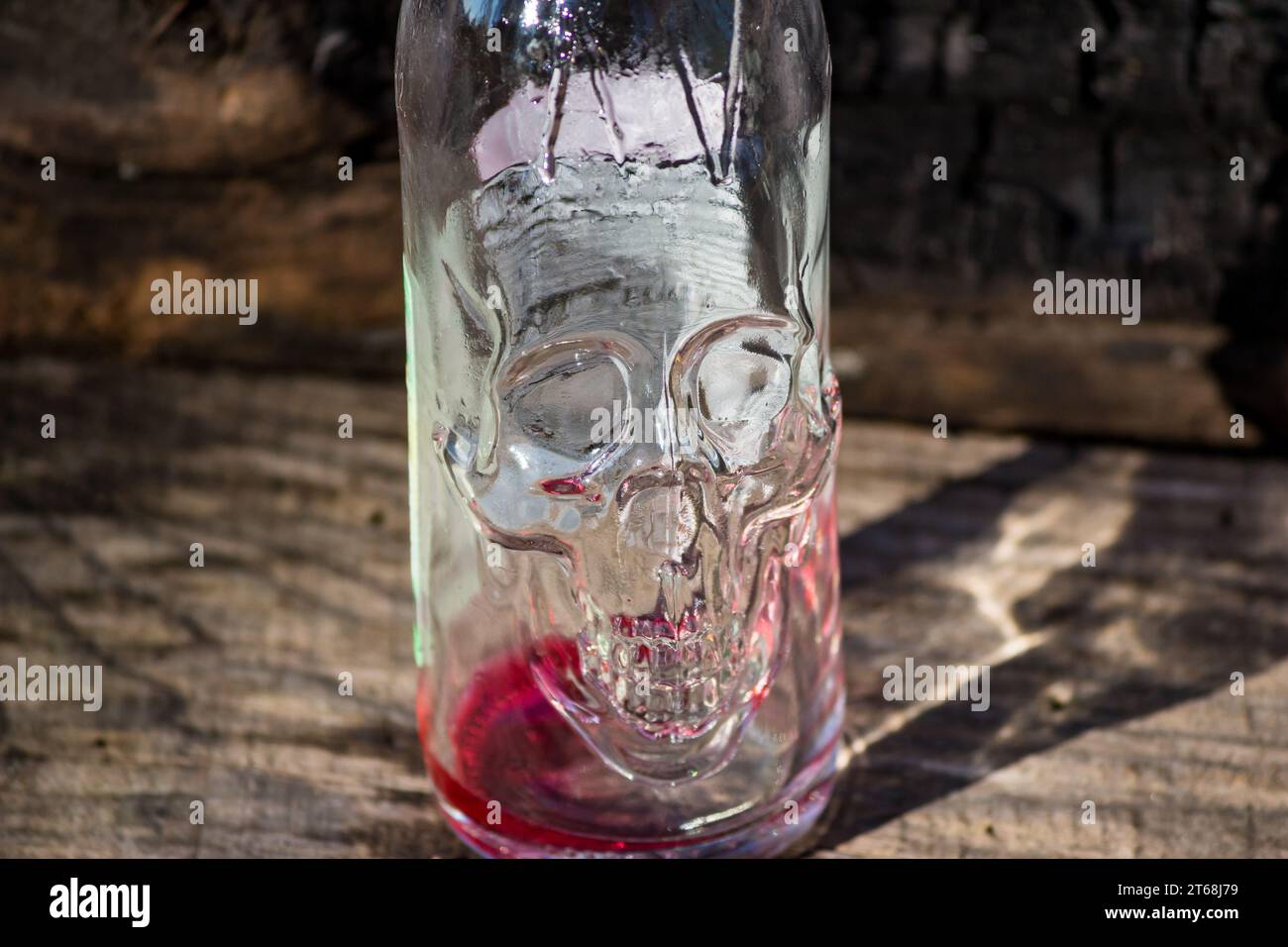 Skull on an empty glass alcohol bottle on the street: Russia - October ...