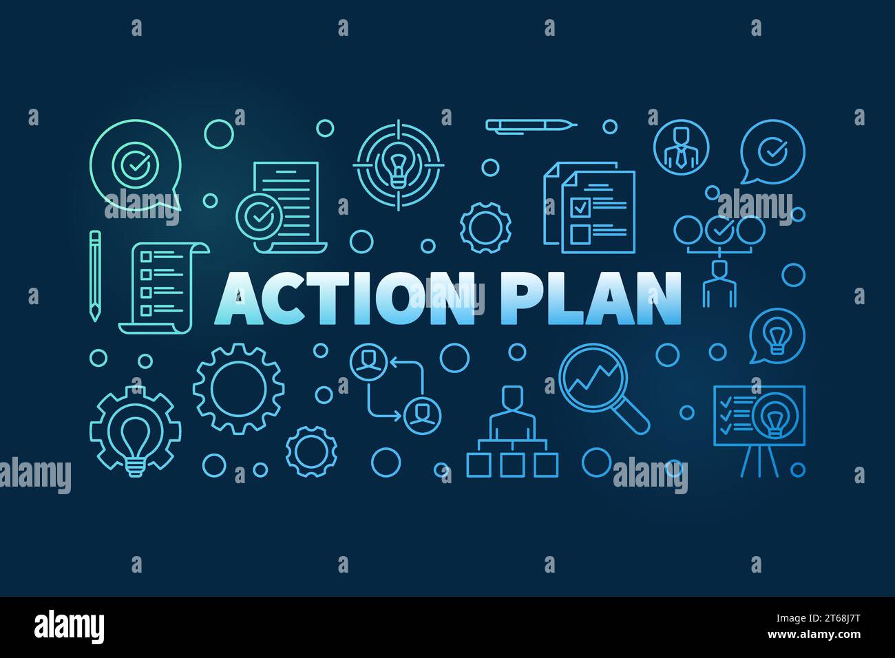 Action Plan horizontal blue outline banner or illustration on dark ...