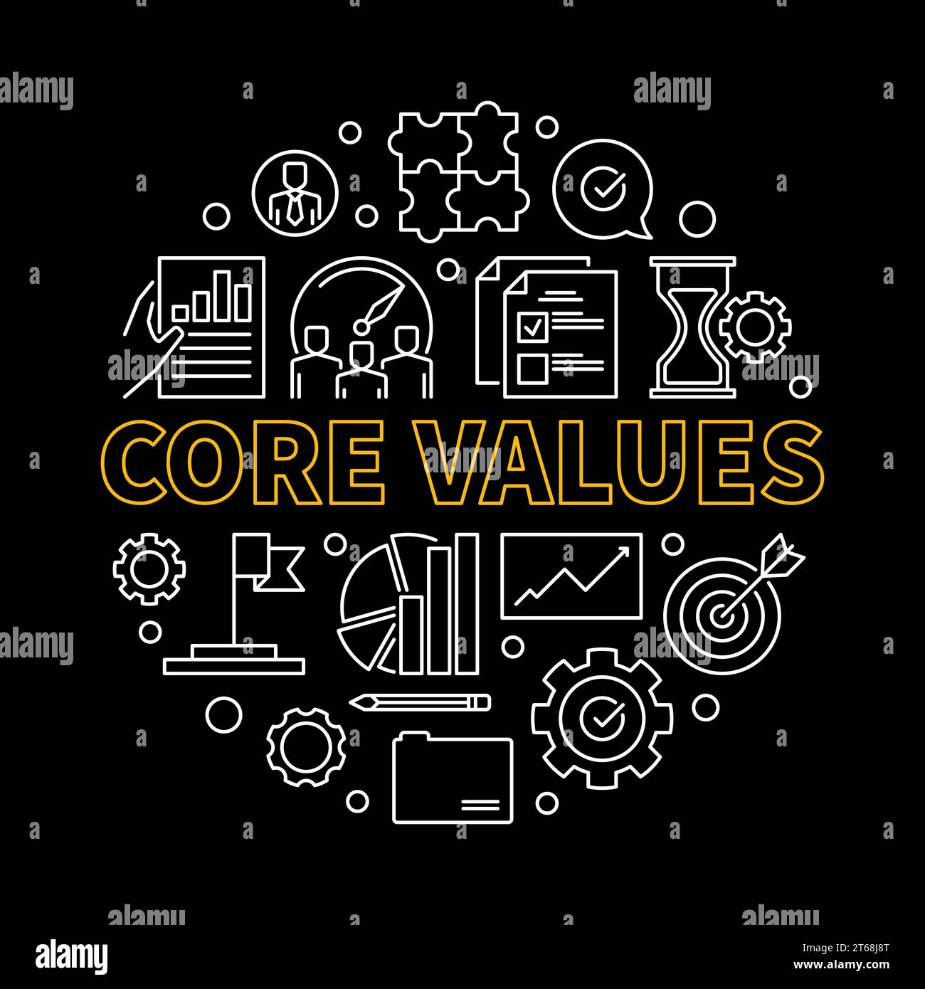 Core Values vector round concept linear simple illustration on dark ...