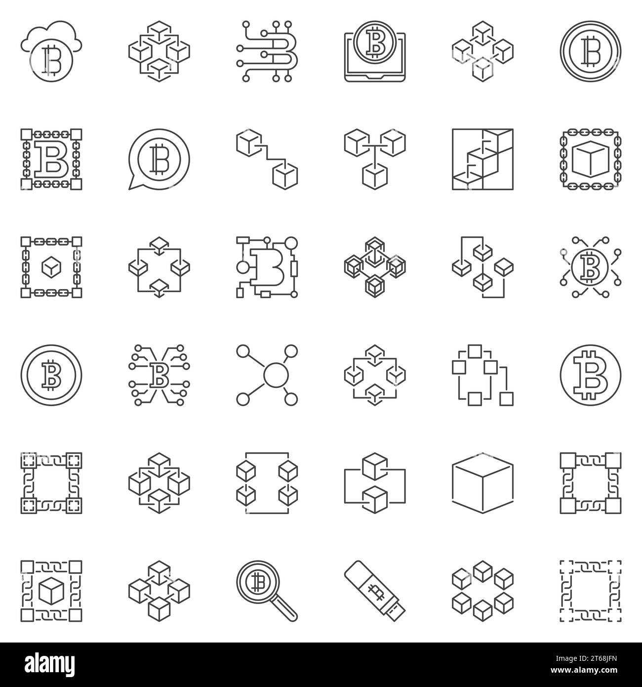 Blockchain vector minimal icons set in outline style. Block Chain concept outline signs on white ...