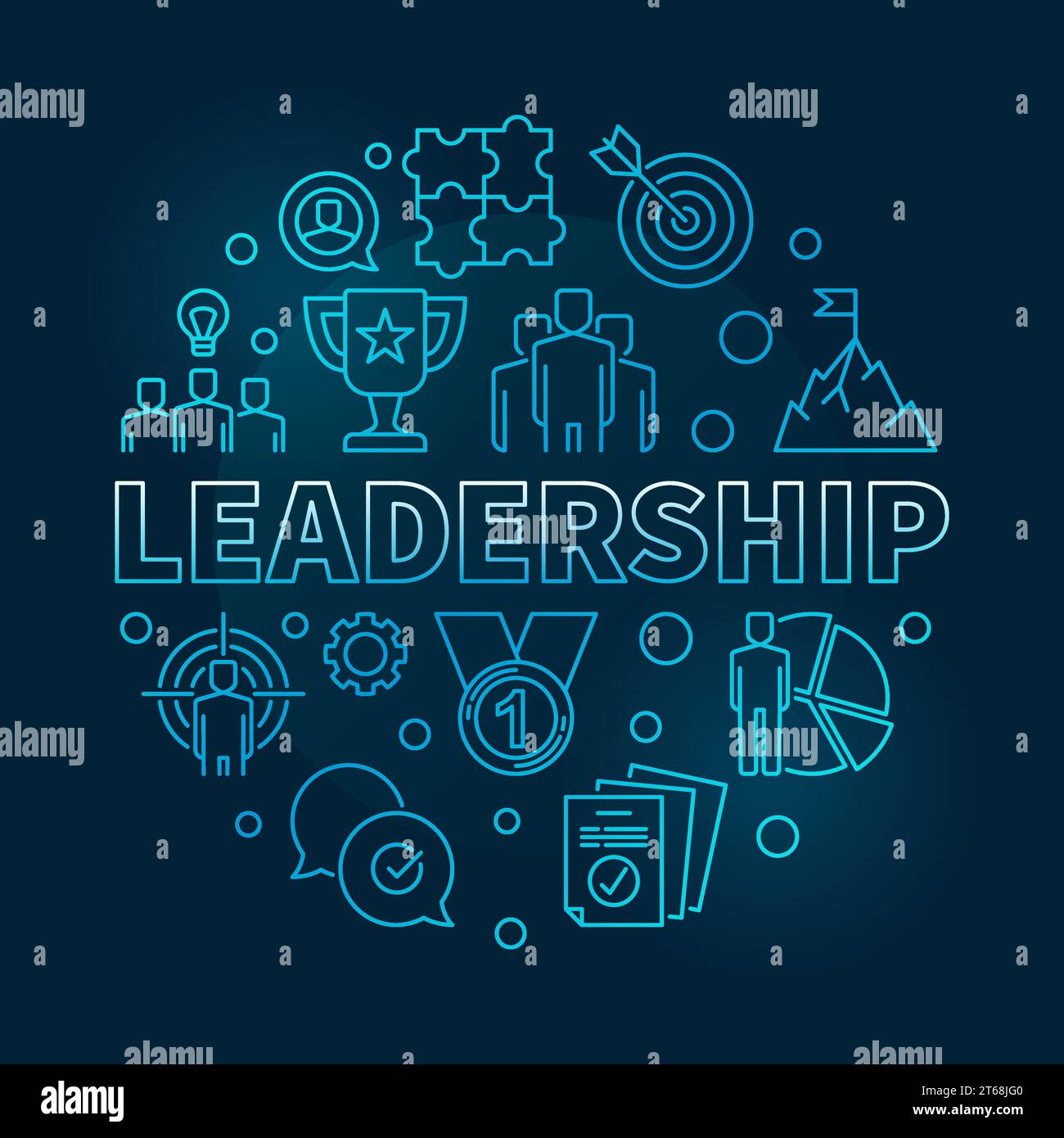Leadership vector round blue illustration in thin line style on dark ...