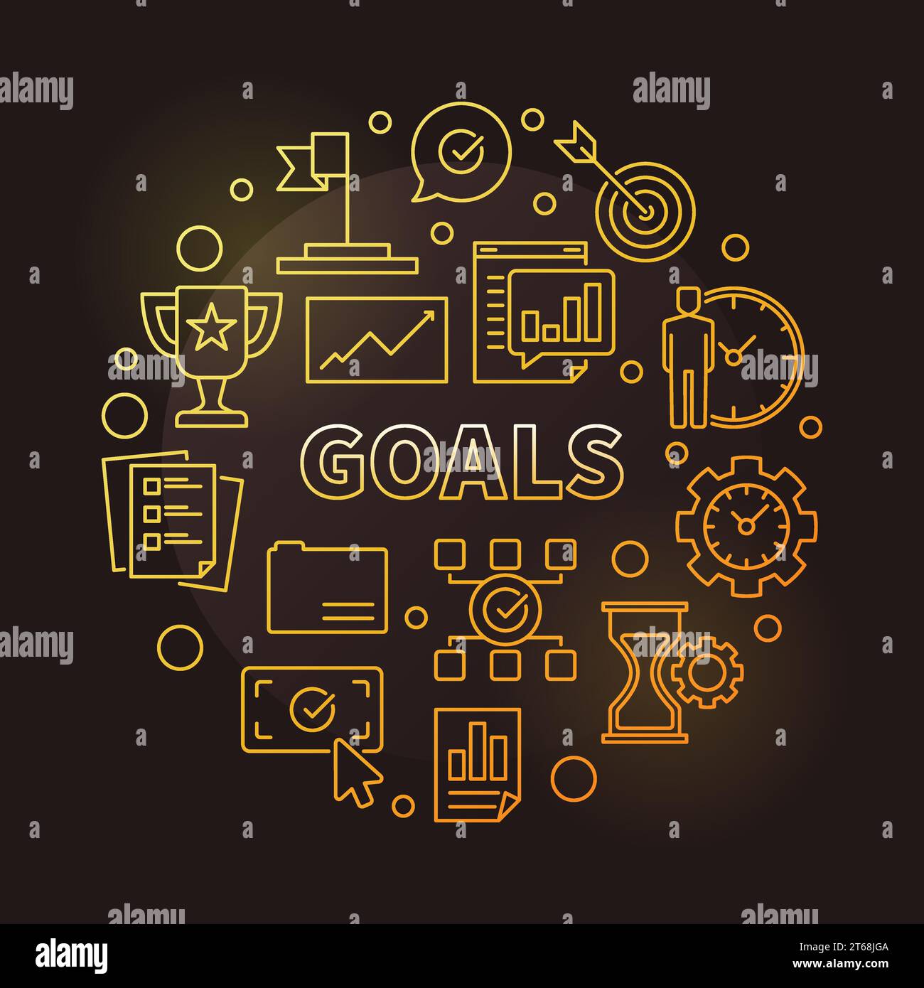 Goals vector golden circular concept illustration in outline style on ...