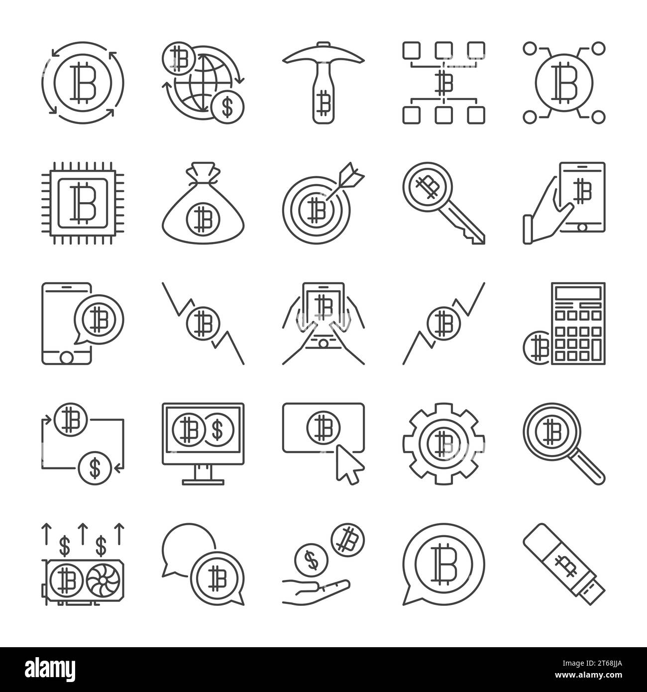 Vector Collection Of Blockchain Icons In Thin Line Style Mining And