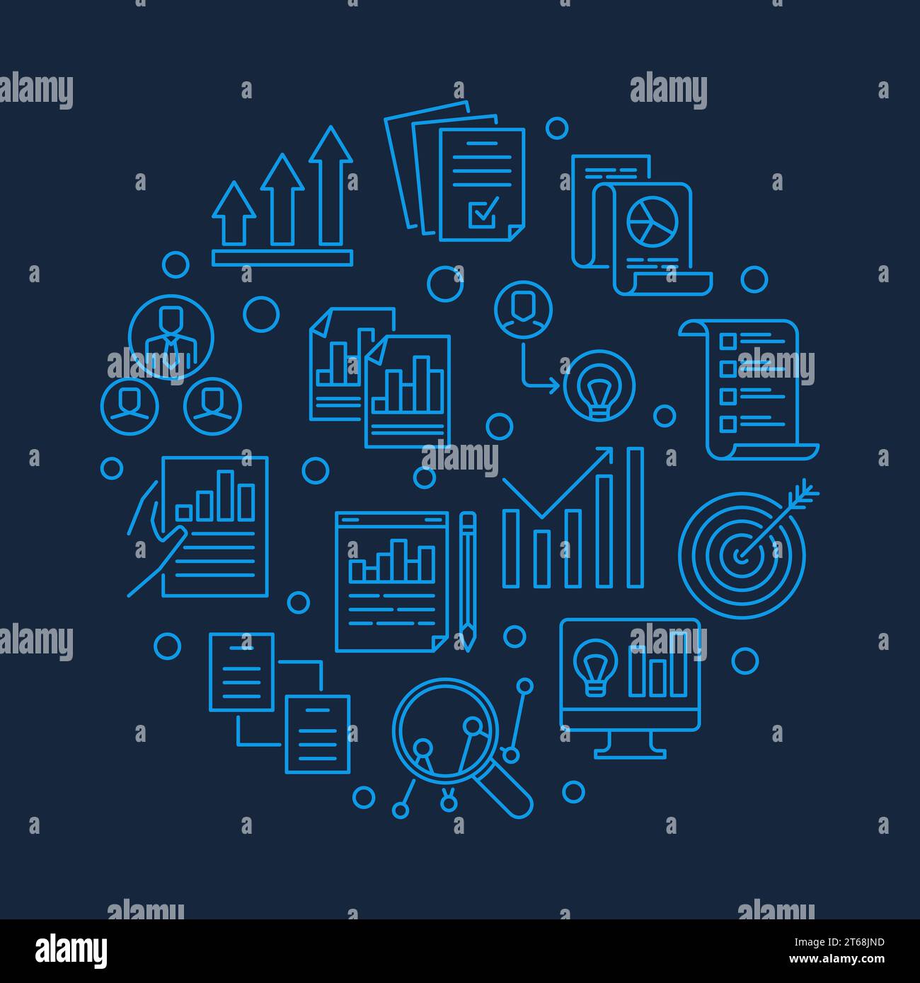 Strategic planning vector concept round blue illustration in outline ...