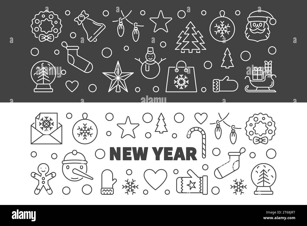 Set of New Year modern vector outline minimal horizontal banners Stock ...