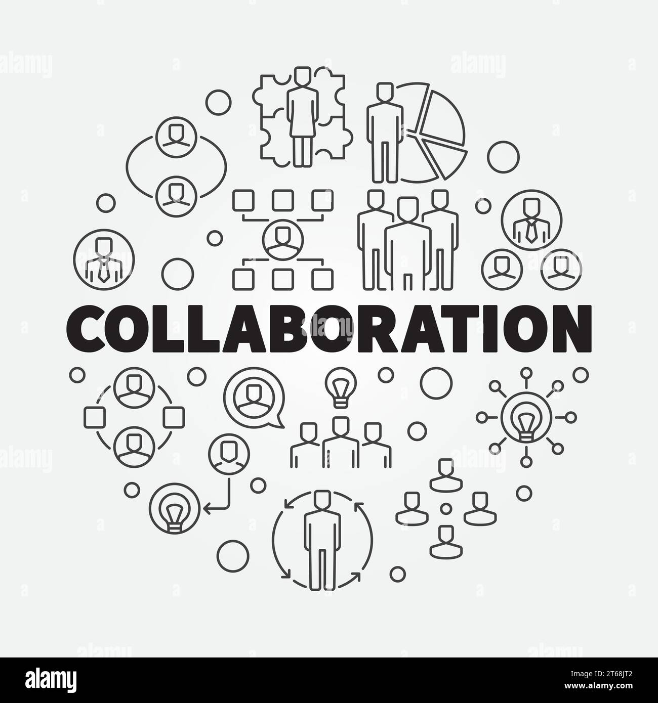 Business collaboration vector concept round illustration in outline ...