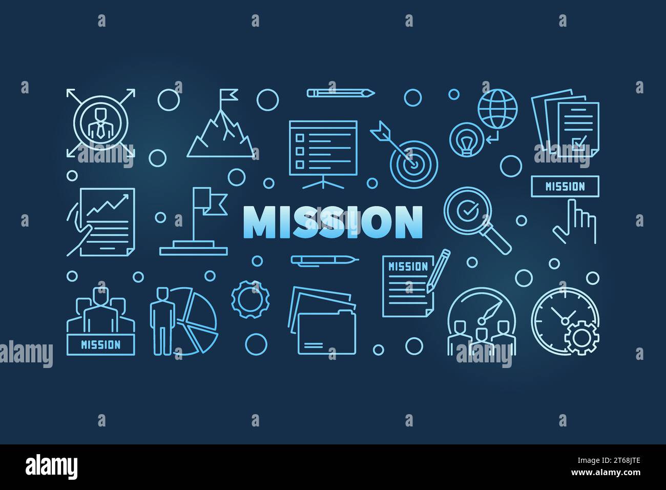 Mission outline blue horizontal illustration or banner on dark ...