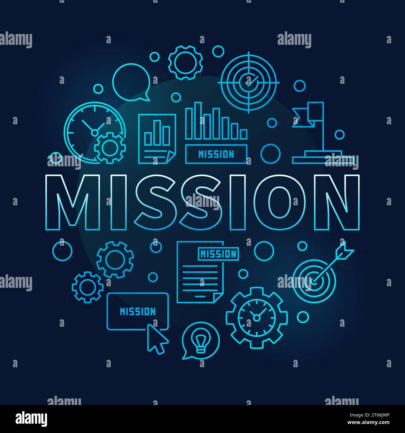 Mission vector round blue business illustration in thin line style on ...