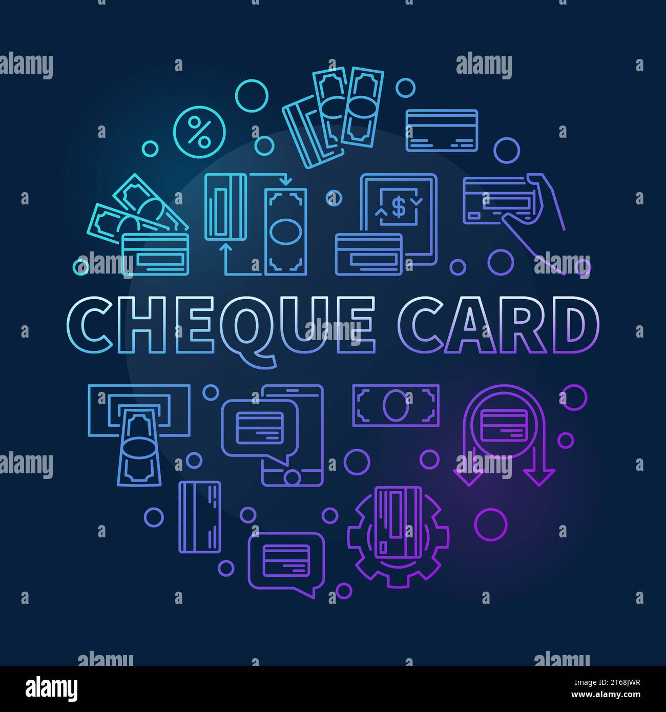 Cheque Card vector concept round colorful outline illustration on dark ...