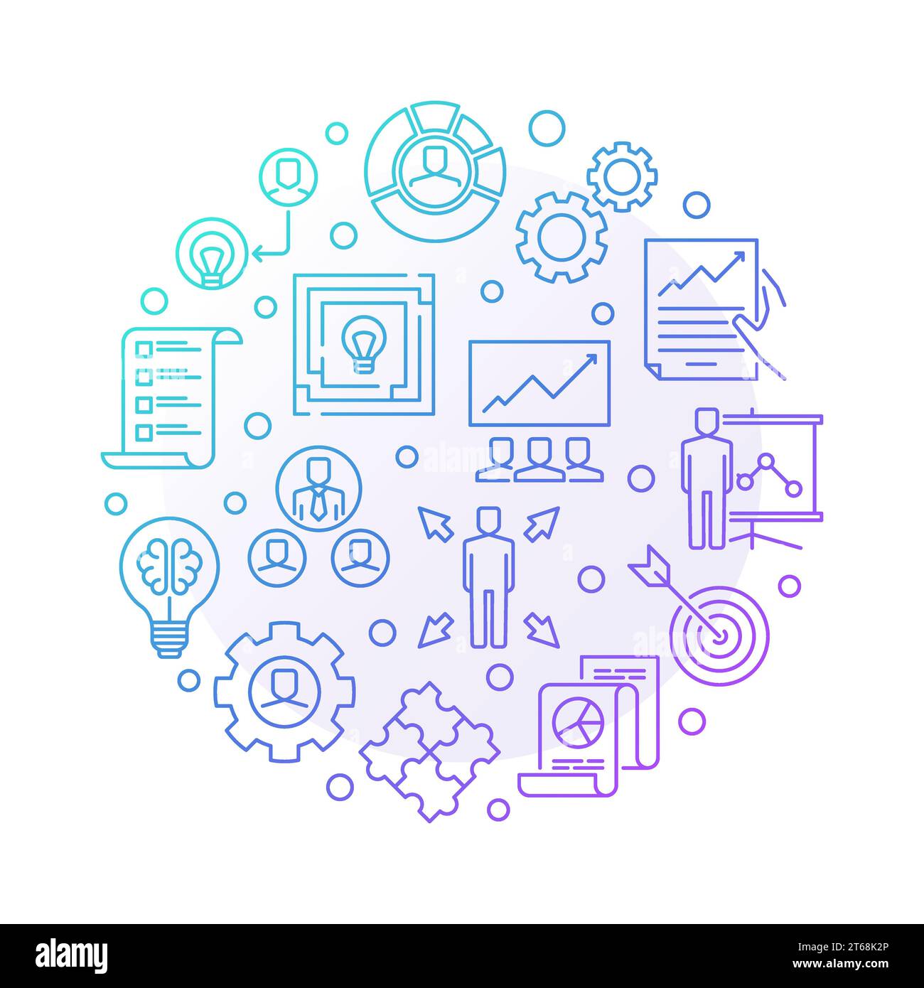 Strategic management vector colored round linear illustration on white ...