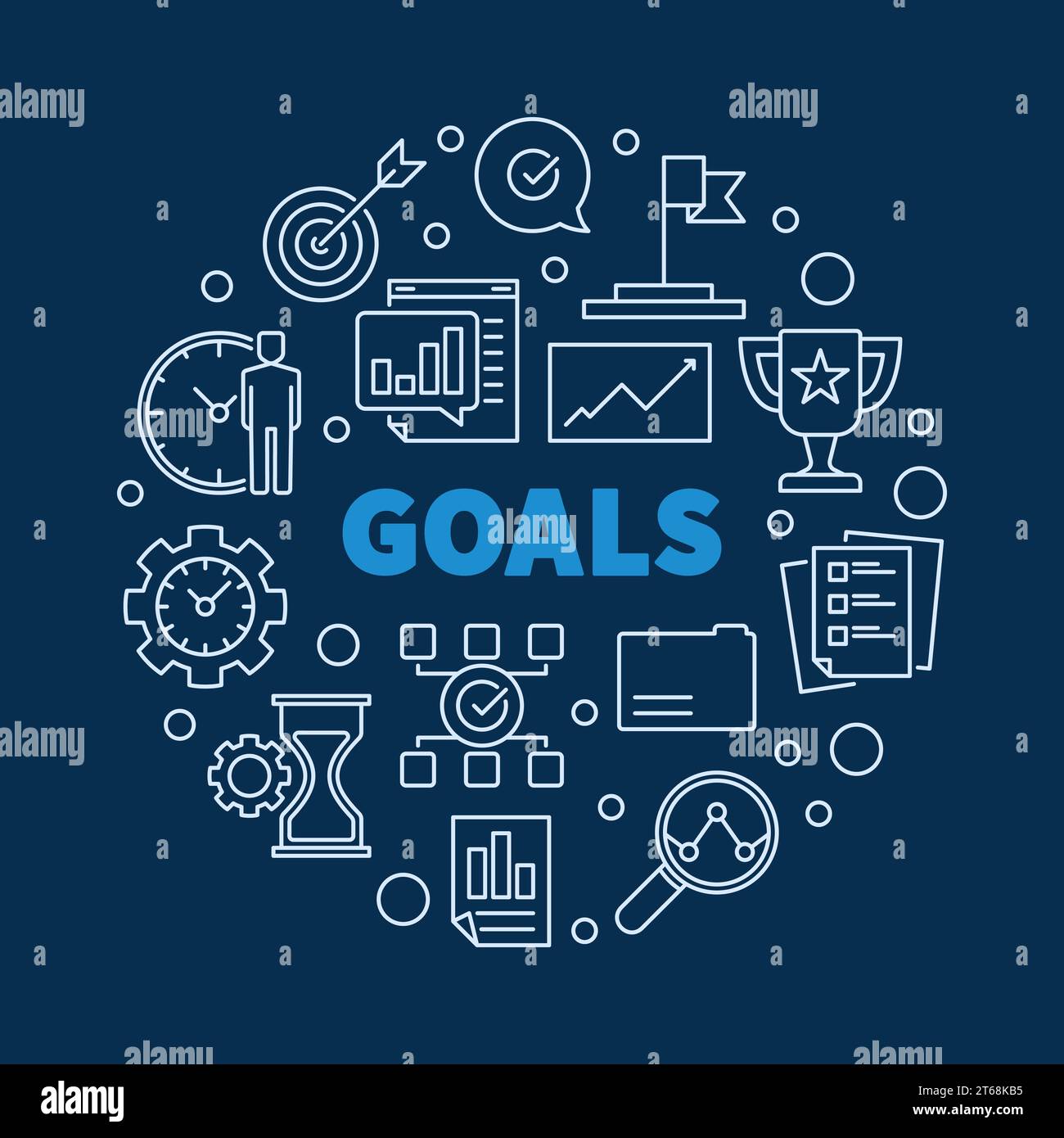 Vector Goals circular concept illustration in outline style on dark ...