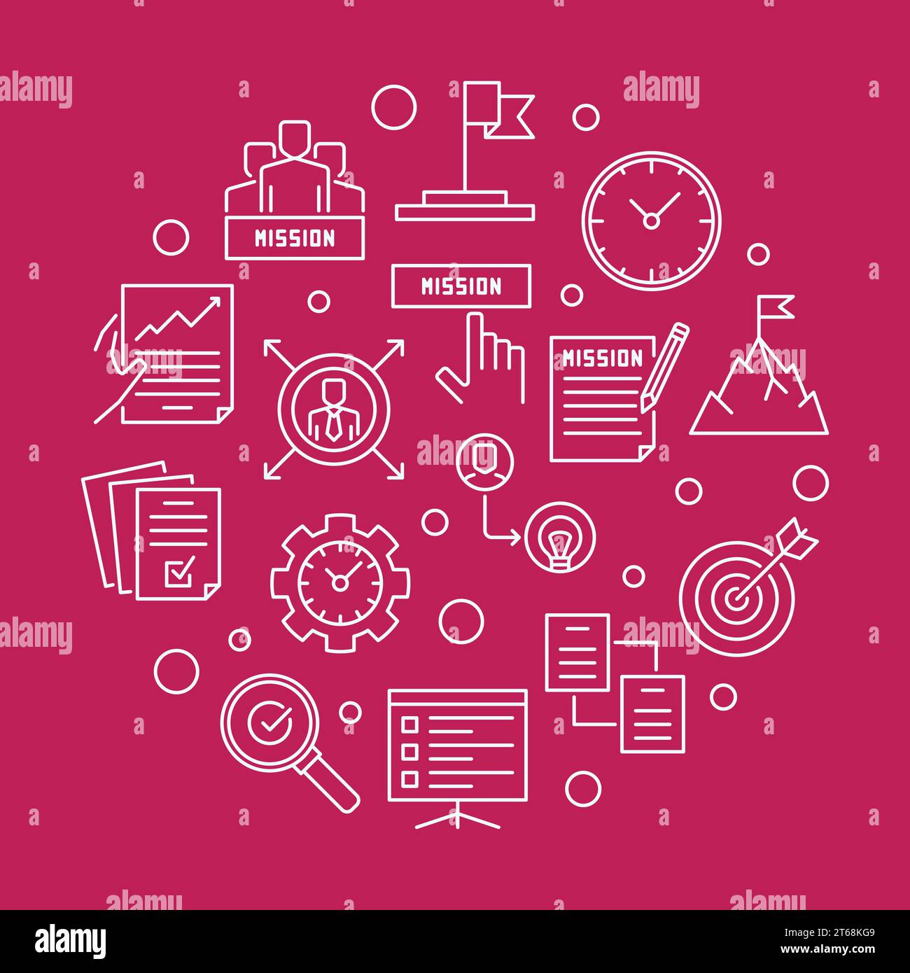 Mission vector round concept simple illustration in outine style on red ...