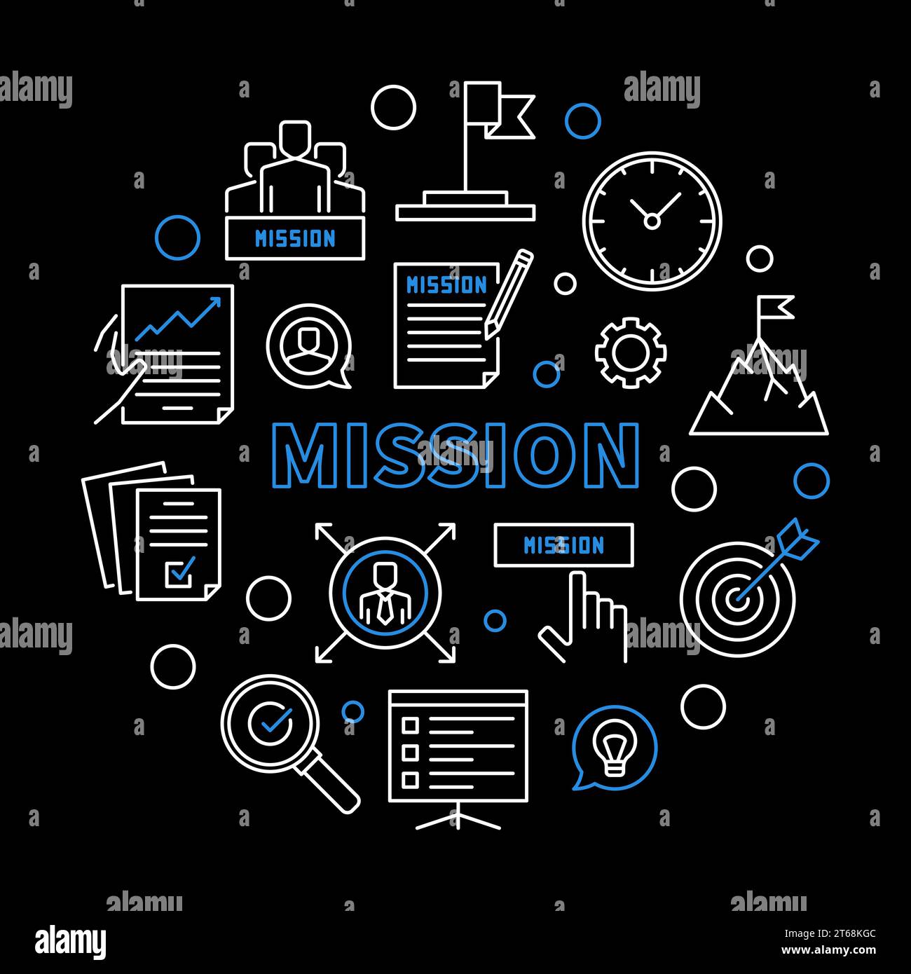 Mission vector circular business concept outline illustration on dark ...