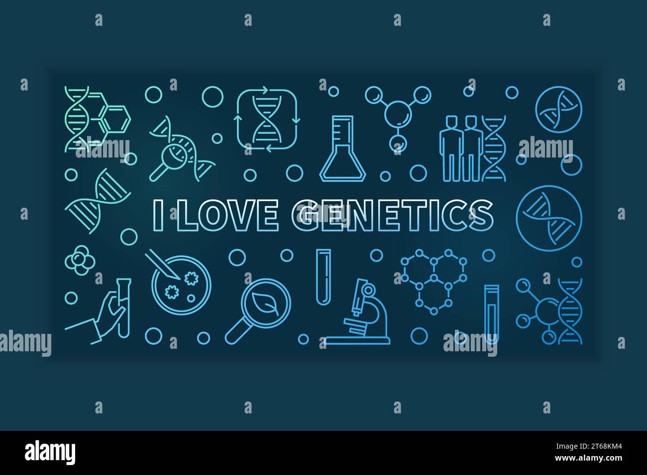 I Love Genetics vector colored outline horizontal illustration on dark ...