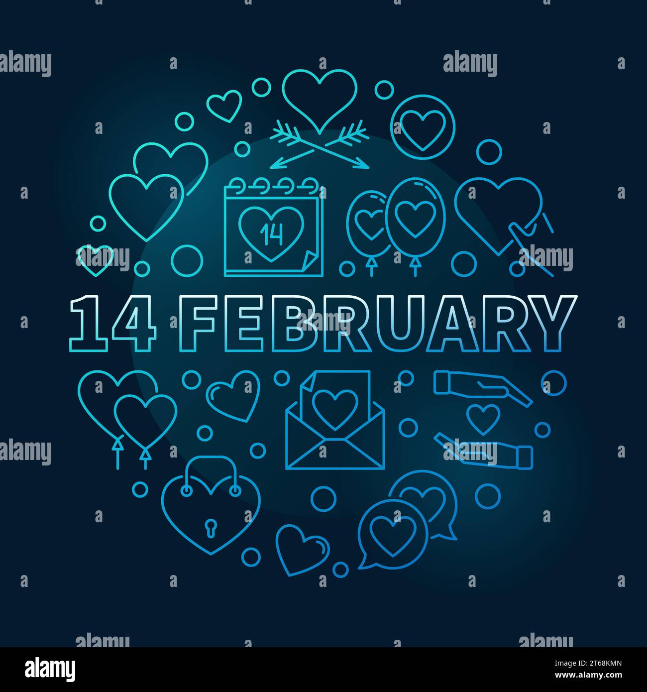 14 February blue outline illustration. Valentines Day vector round ...