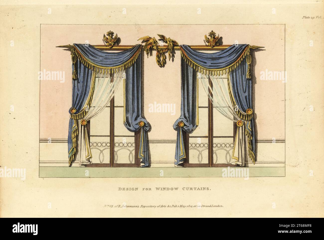 Regency era window curtains. Drapes in blue and white with lilies in ...