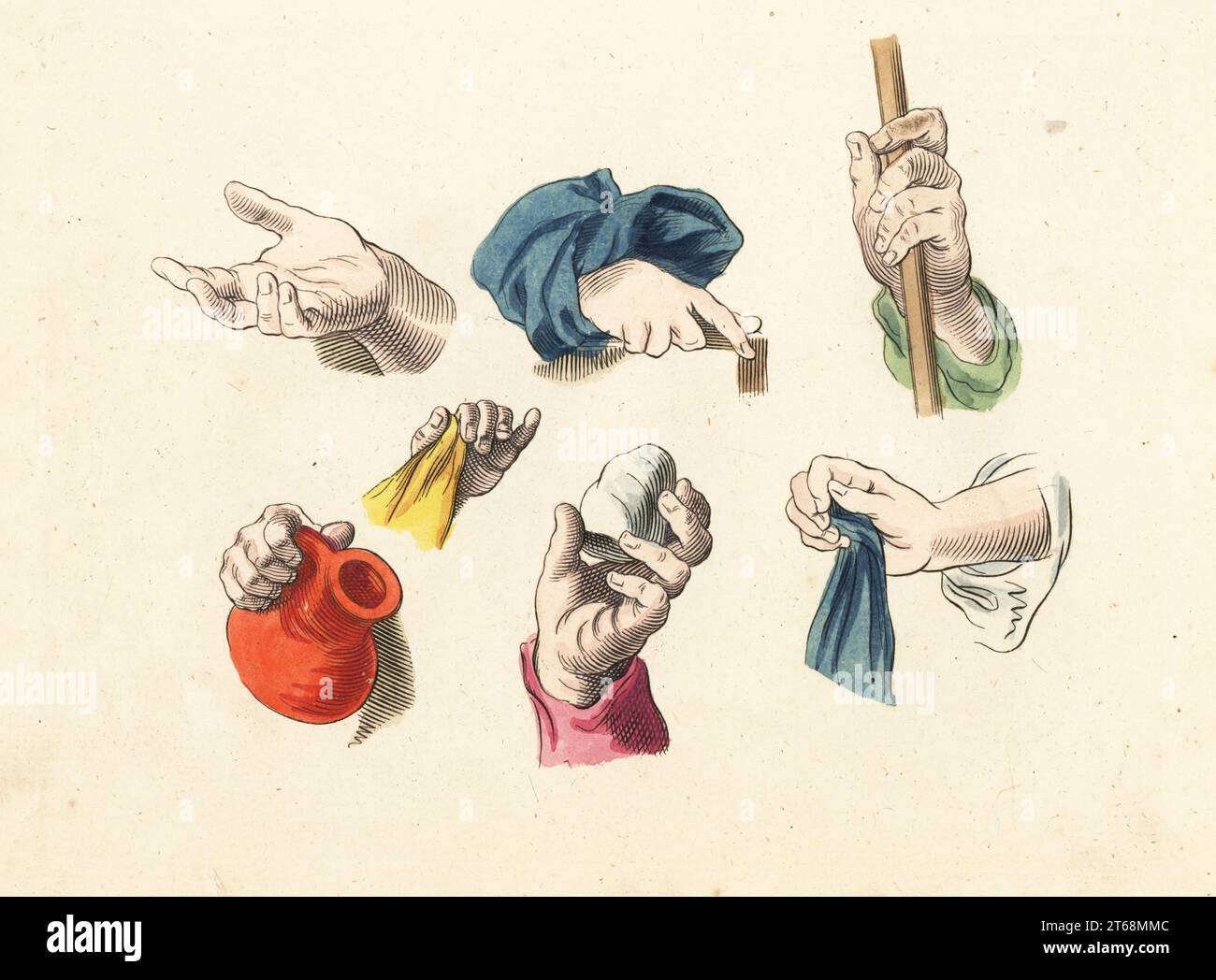 Figures of male fingers, hands, gestures, with staff, jug, shell, from ...