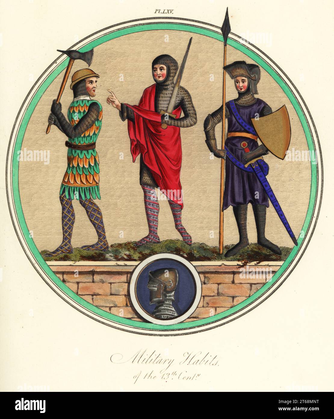 Military habits of the 13th century. Soldiers in chainmail armour ...