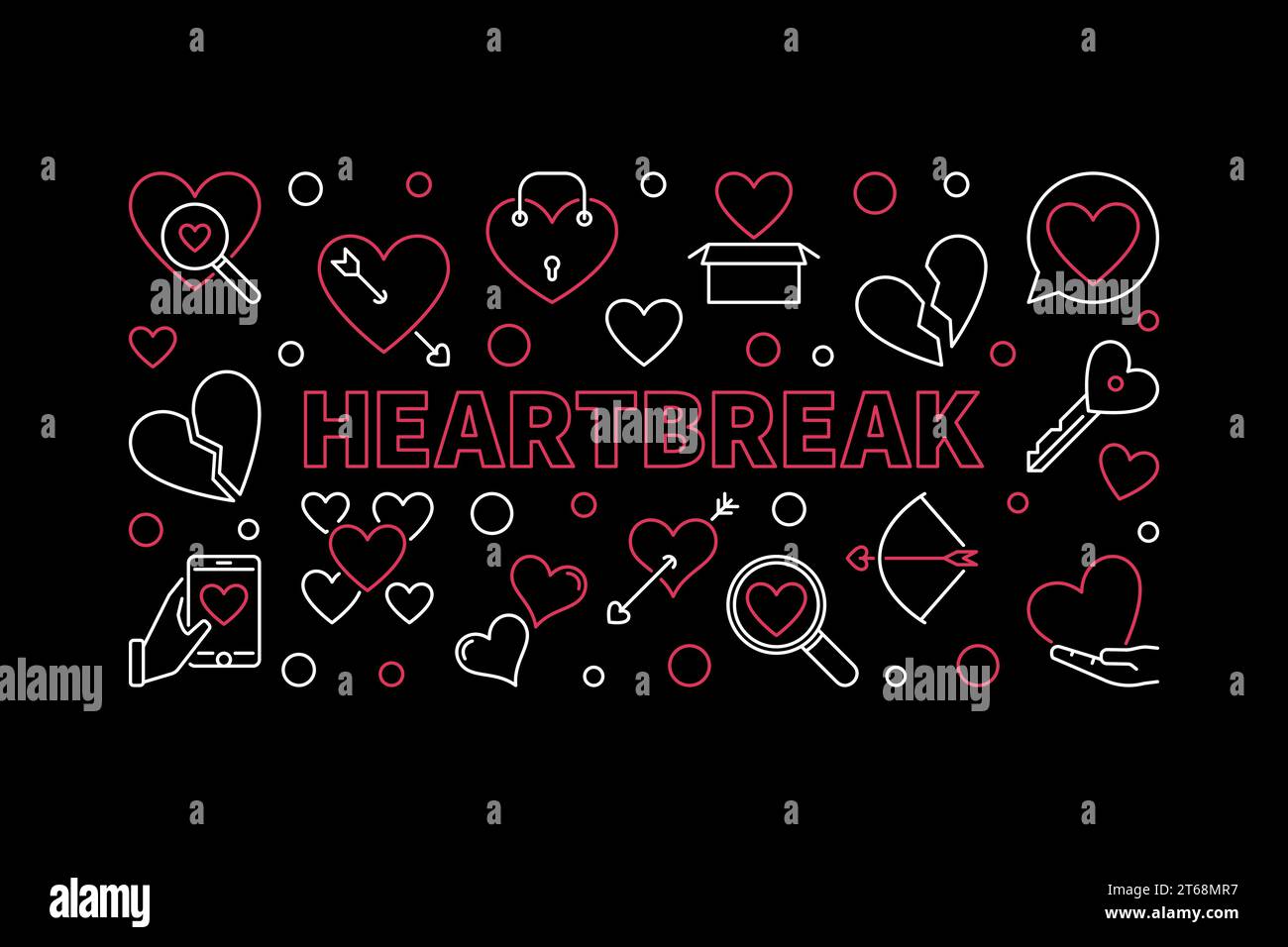 Heartbreak vector horizontal illustration in thin line style on dark ...