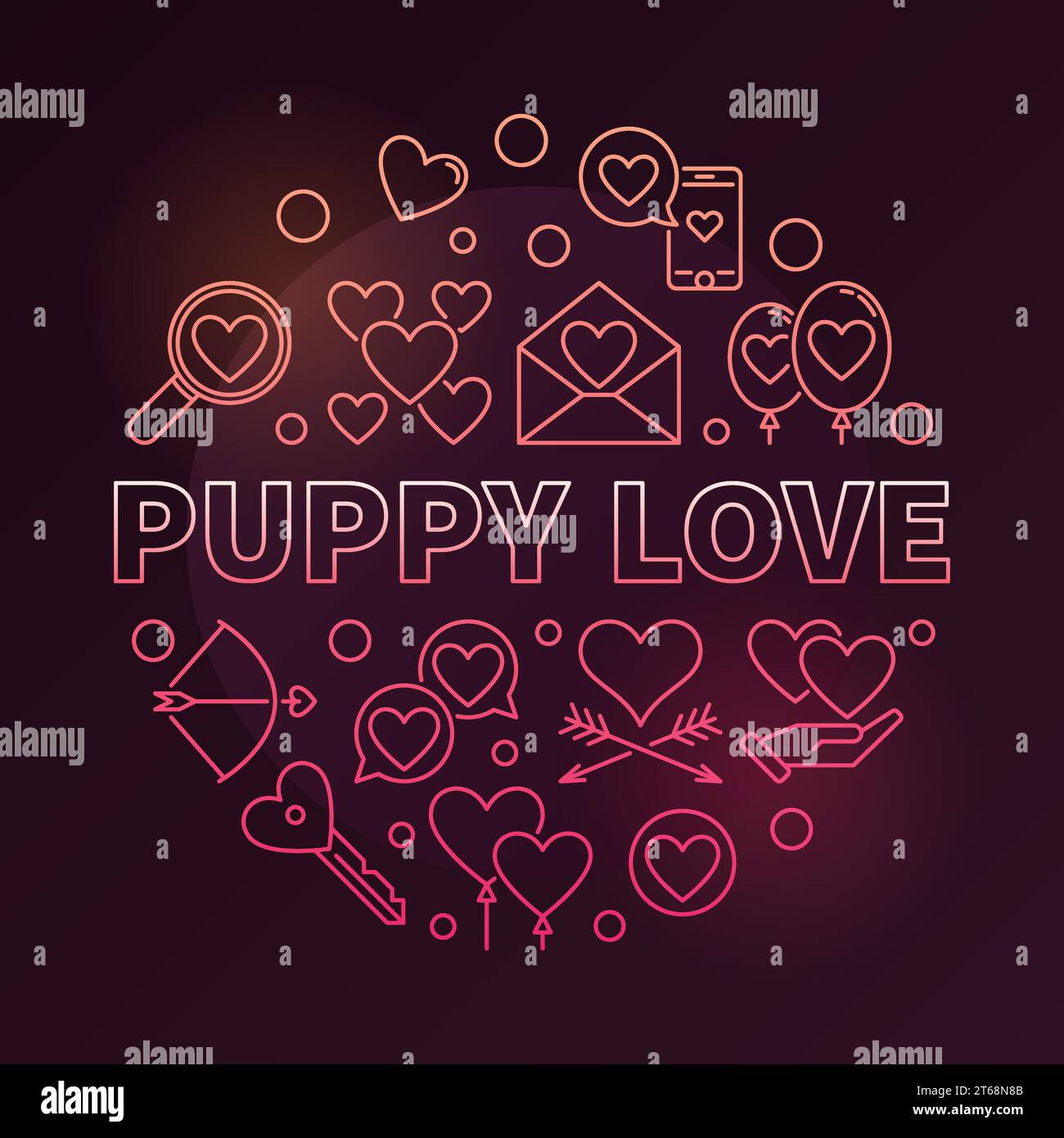 Puppy love vector round colorful illustration in outline style on dark ...