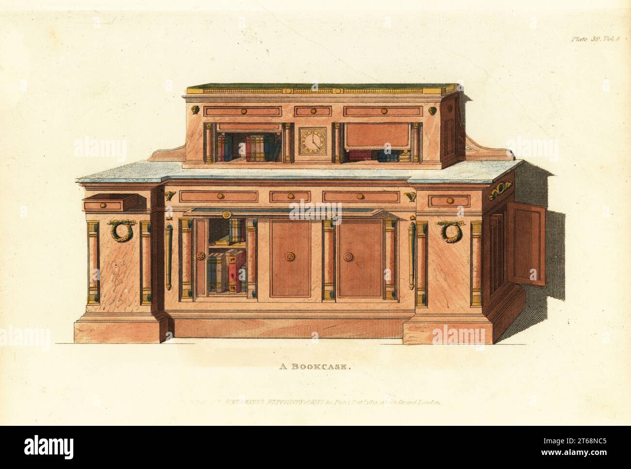 Bookcase for a library, 1812. With dwarf bookcase, marble table top ...