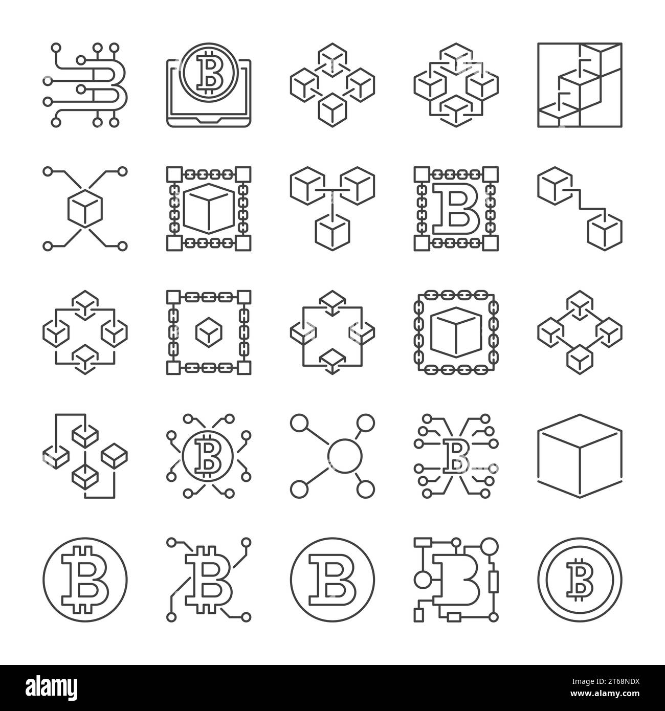 Vector Blockchain icons set in thin line style - Block-Chain concept outline signs or logo ...