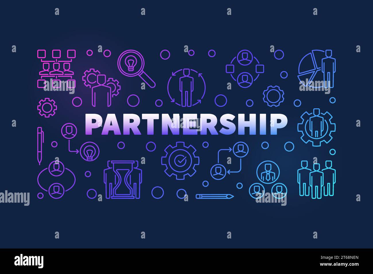 Partnership vector colorful outline illustration or banner on dark ...