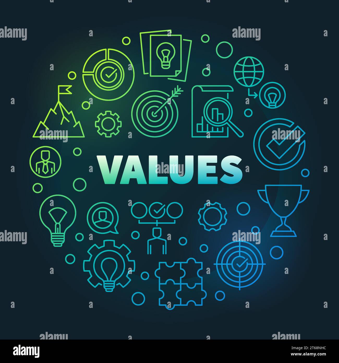 Business Values vector round colored linear illustration on dark ...