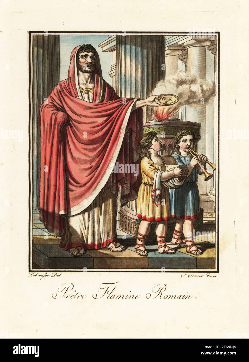 Flamen priest performing a ritual in ancient Rome. He wears a crimson ...