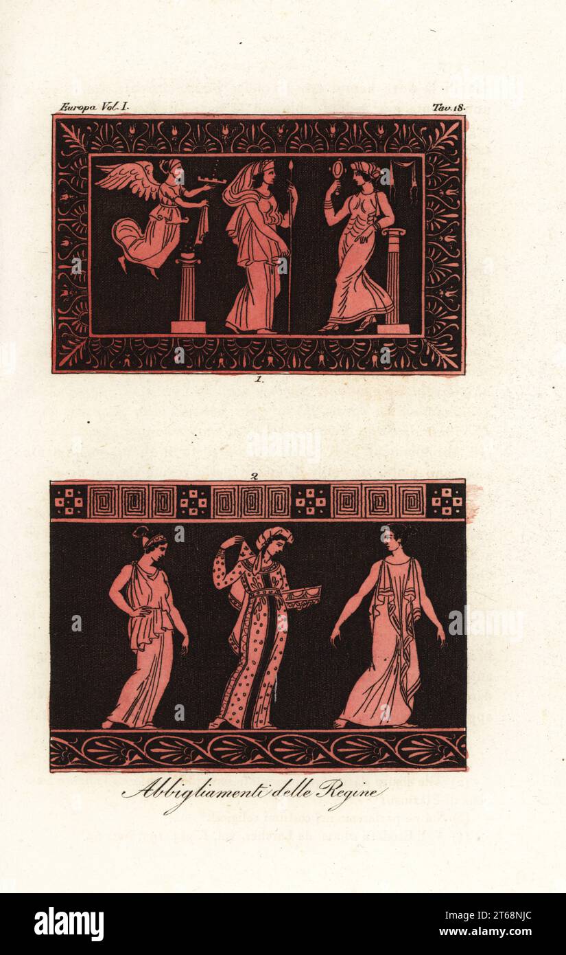 Costumes of ancient Greek queens from ancient vases. Two queens are ...
