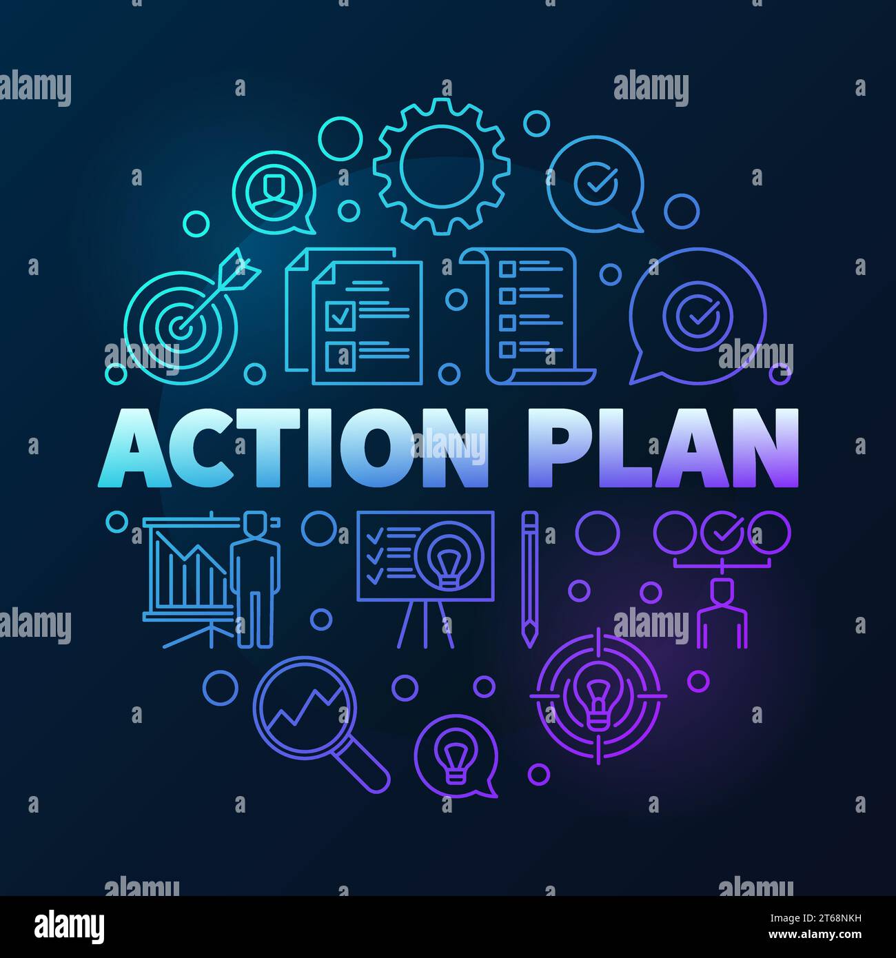 Vector Action Plan round colored outline illustration on dark ...