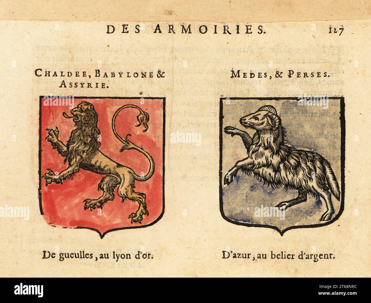 Coats of arms of Chaldea, Babylon and Assyria, with golden lion, and ...