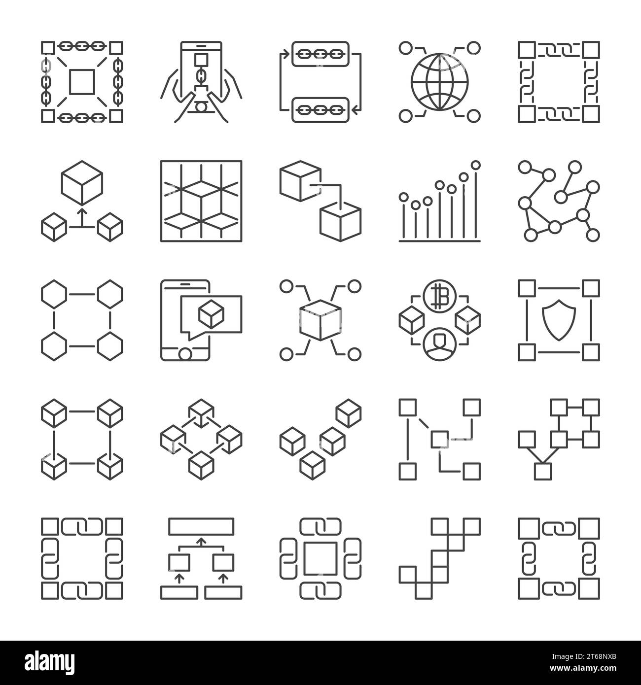 Blockchain Technology thin line icons set. Vector Block Chain concept linear signs on white ...