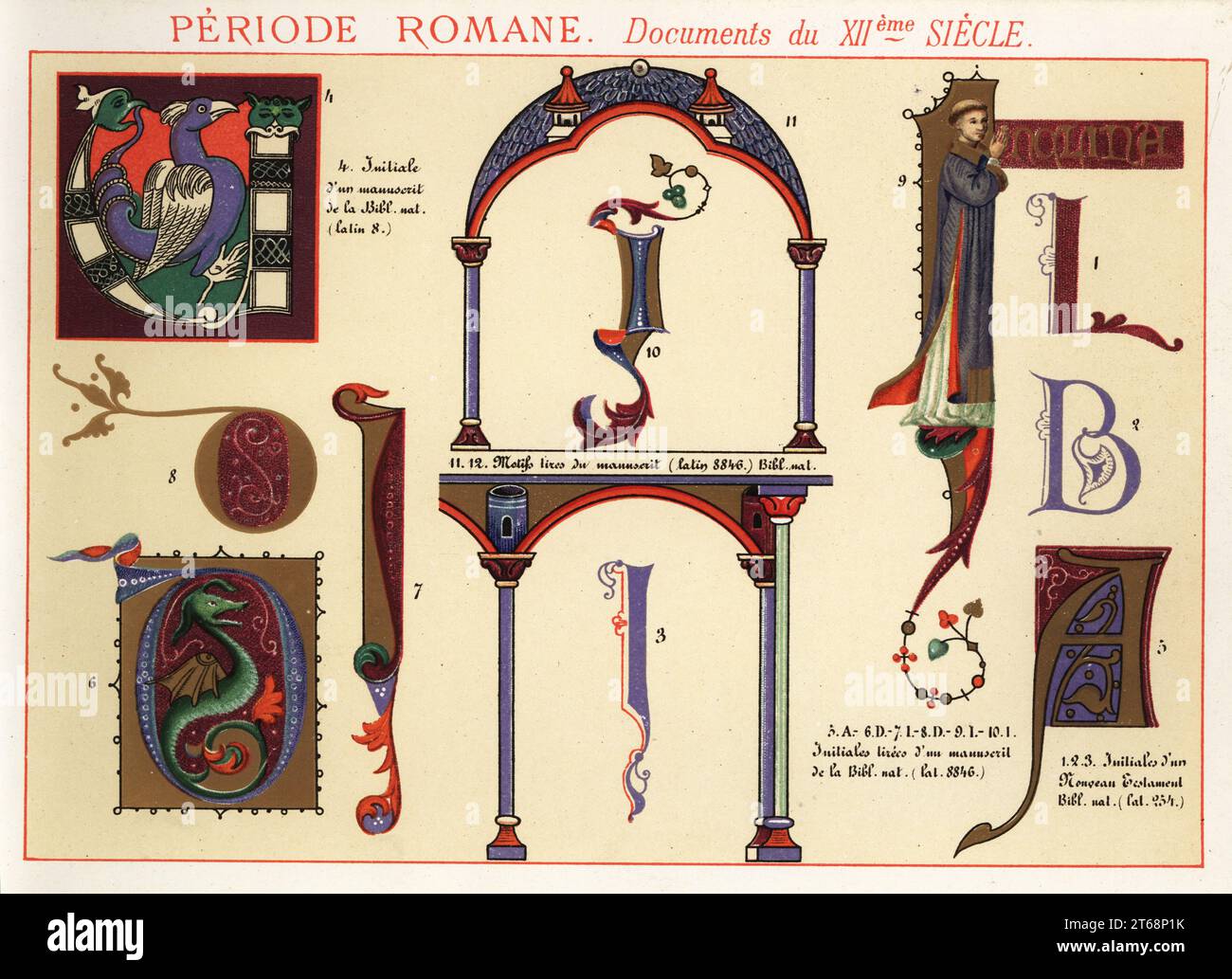 Initials with bird, dragon, monk, design elements and frames from ...